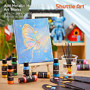 Shuttle Art 30 Colors Metallic Acrylic Paint, Metallic Acrylic Paint with 10 Brushes and 1 Palette, 60ml/2oz, Rich Pigments, Non-Toxic Art Paint for Artists, Beginners on Rocks Canvas Wood Fabric