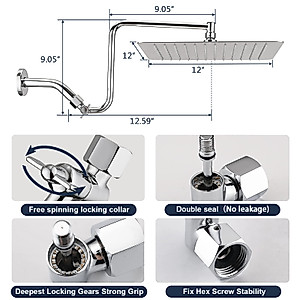 PDPBath 12" Rain Shower Head with Upgrade Adjustable Extension Arm, 304 Stainless Steel High Pressure Rainfall Showerhead, All Metal Large Square Waterfall Fixed Showerhead for Bathroom - Chrome