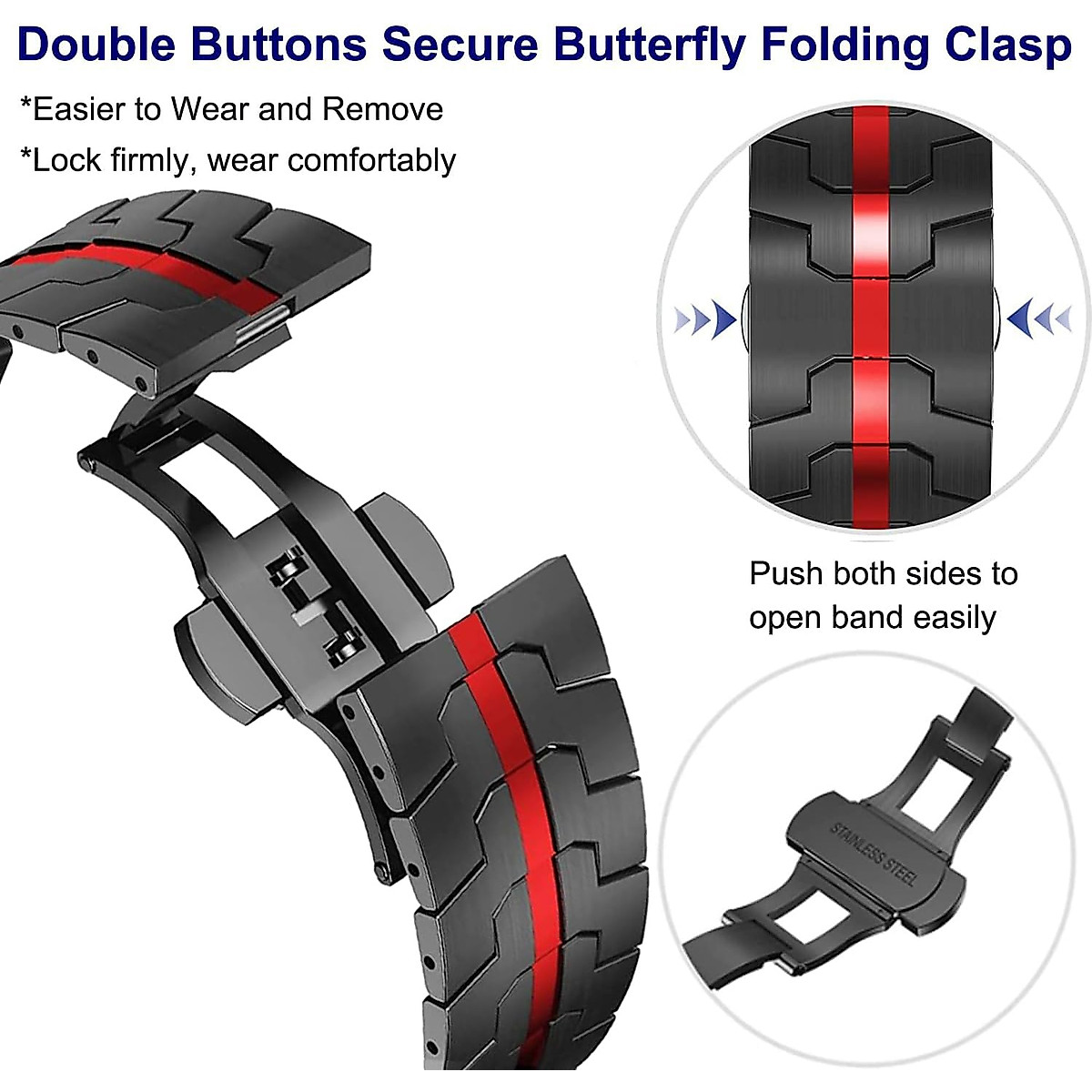 WINGLE Metal Band for Apple Watch Band Ultra 2/Ultra Band 49mm Men, Series 10 46mm, 9/8/7 45mm, SE/6/5/4 44mm, 3/2/1 42mm, Stainless Steel Bands with Folding Clasp iWatch Strap Bracelet, Black/Red