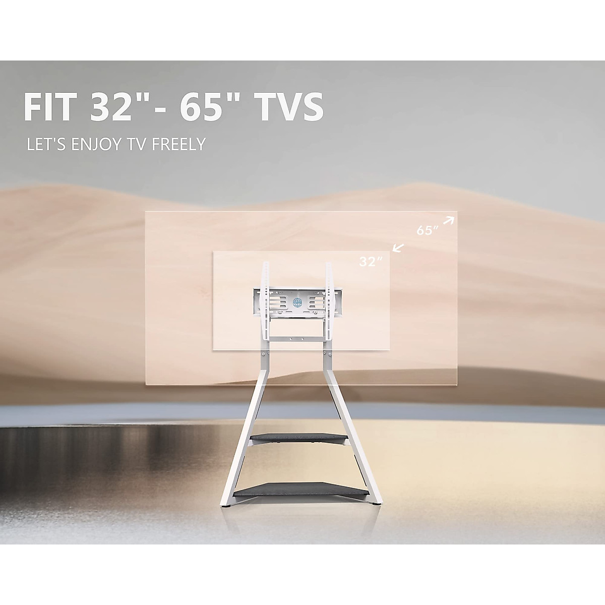 FITUEYES Design Corner TV Stand for 32 43 50 55 65 Inch TVs, Small Spaces Floor TV Stand Rolling TV Cart for LCD/LED Flat Curved Screens, Modern Living Room Television Stands, Eiffel Series, White