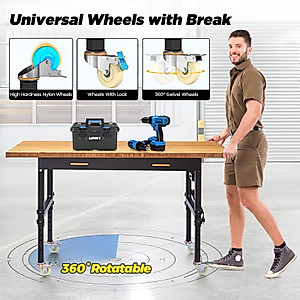60" Height Adjustable Work Bench Table with Storage, Drawers, Wheels, Power Outlet - Heavy-Duty Garage Work Benches, 2700 LBS Load Capacity Wood Top Workbench for Workshop, Office, Home