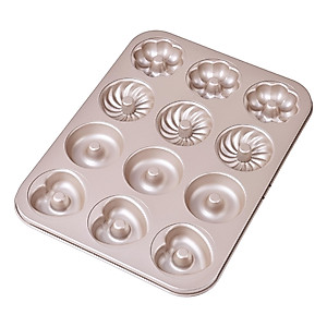 Bakeley Donut Mold Cake Pan, 12-Cavity Non-Stick Ring Doughnut Bakeware for Oven Baking (Champagne Gold)