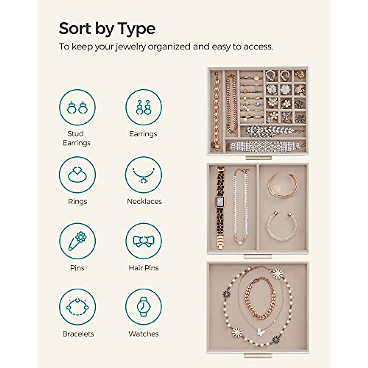 SONGMICS Jewelry Box with Glass Lid, 3-Layer Jewelry Organizer, 2 Drawers, Jewelry Storage, Lots of Storage Space, Modern, Gift Idea, 8 x 9.1 x 5.3 Inches, Cloud White and Gold Color UJBC239WT