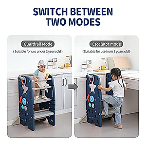 UNICOO –Kids Kitchen Step Stool with Double Safety Rails, Toddler Learning Stool with 3 Adjustable Heights and Non-Slip Foot Pads, Toddler Tower for Kitchen Countertop and Bathroom (OMLT-Dark Blue)