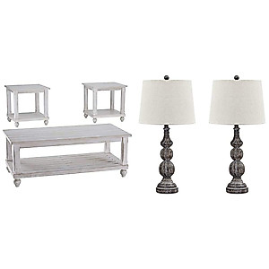 Signature Design by Ashley - Cloudhurst Contemporary 3-Piece Table Set; Two End Tables, White Wash Wood & Mair Poly Table Lamp - Farmhouse Style - Timeworn Finish - Black