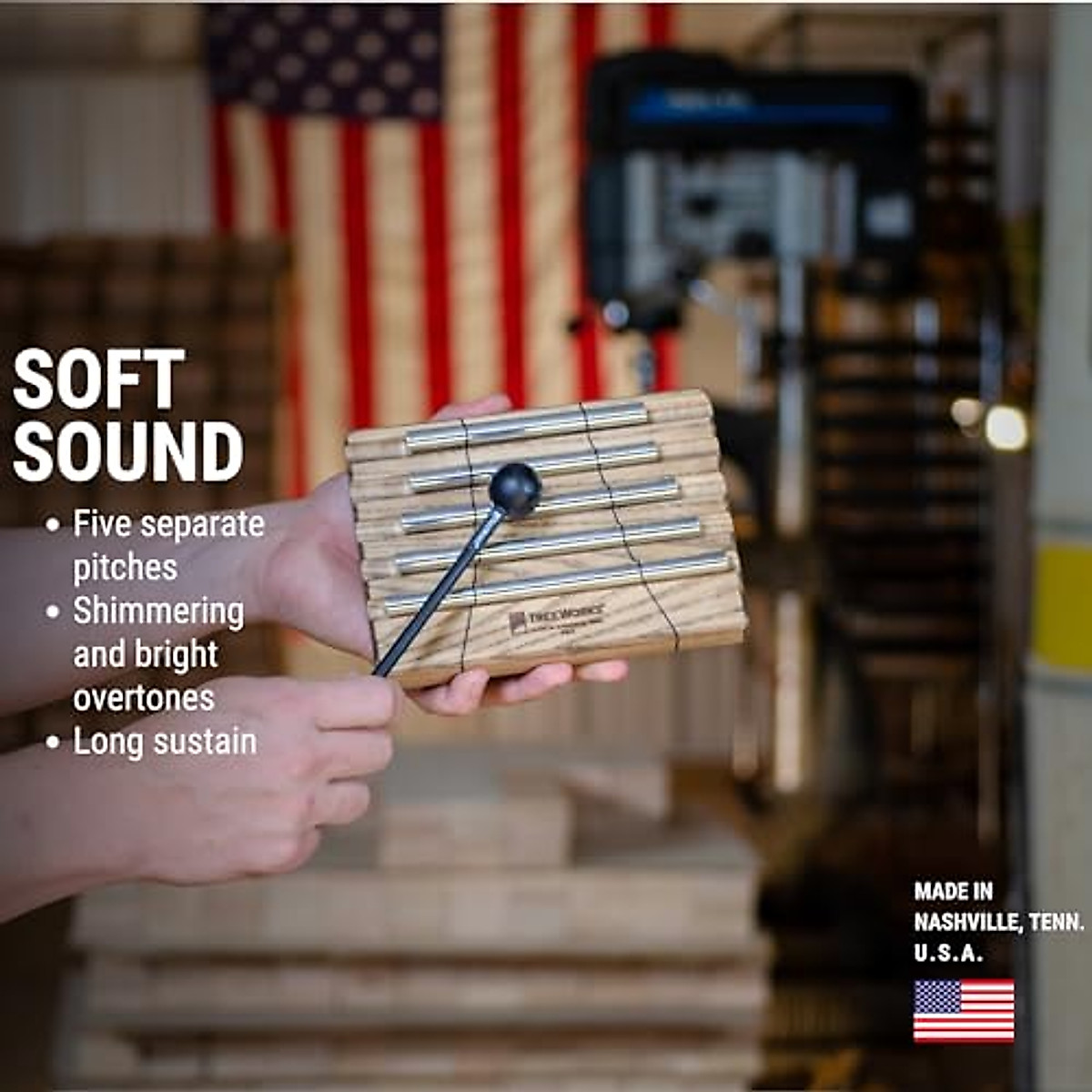 Treeworks Chimes Energy Chime with Mallet for Meditation, Sound Healing or Yoga, 5 Notes –– Made in U.S.A. –– Long Resonance with Brilliant Tone, Solid Tennessee Hardwood Mantle (TRE430)