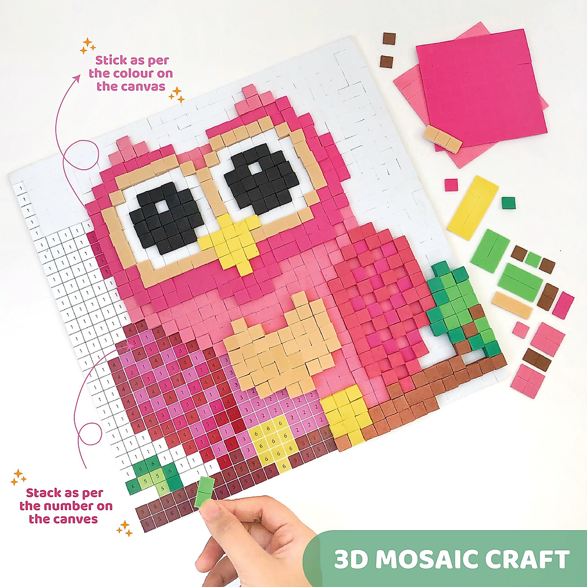 STICK 'N' STACK Mosaic Arts and Crafts for Kids and Adults with 3D Foam Stickers, Owl Design, Mess-Free Kids Craft Kit for Striking 3D Art, Makes Unique Owl Gifts for Girls and Boys Ages 10+
