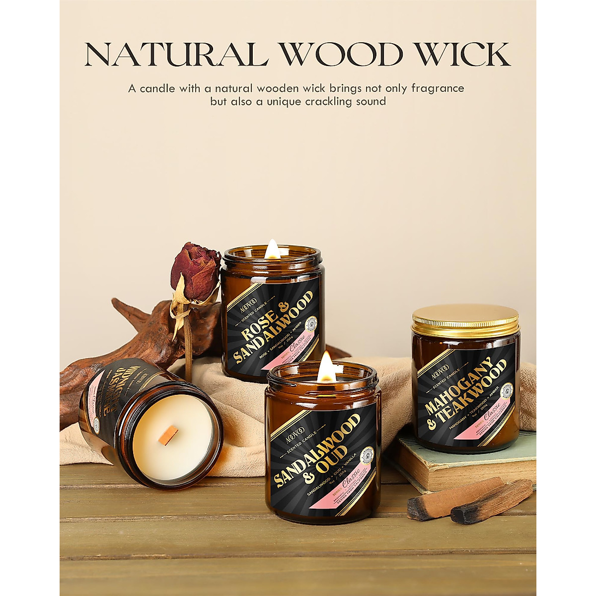 AOOVOO Wood Wick Candles - Sandalwood&Oud/Rose&Sandalwood/Mahogany Teakwood/Jasmine, Scented Candles for Home, Soy Candles, Candle for Man, 36 oz, 220 Hours Burn