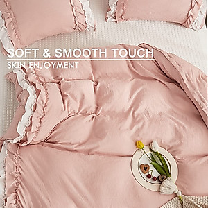 Wotcsil Pink Ruffle Bedding Set for Women Girls Ruffled Full Duvet Cover Set Plain Duvet Cover Shabby Chic Double-Layer Frill Edge Design with Pillowcases, White Pink