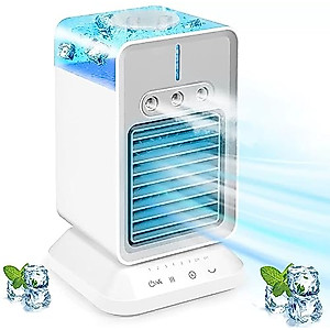 Portable Air Conditioner, 4 IN 1 Evaporative Air Cooler, Personal Mini Air Cooler with 3 Wind Speeds and 3 Cool Mist & 2-4H Timer, 90°Rotation Desktop Cooling Fan for for Home Room Camping Car Office