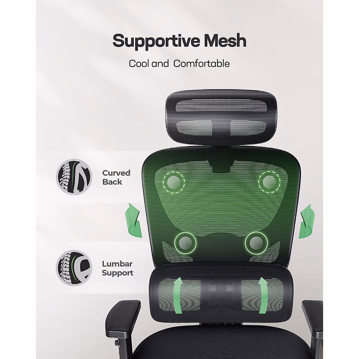 Marsail Ergonomic Office Chair Desk Chair High Back Mesh Office Chair with Adjustable Lumbar Support and Adjustable 2D Headrest, Ergonomic Gaming Chair for Home Office, Bright Black