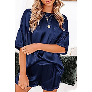 BEKOFO Women's Silk Satin Pajamas Two Piece Pj Sets Crewneck Short Sleeve Tops and Shorts Sleepwear Loungewear Silky Pjs Gift for Women Navy Blue Small