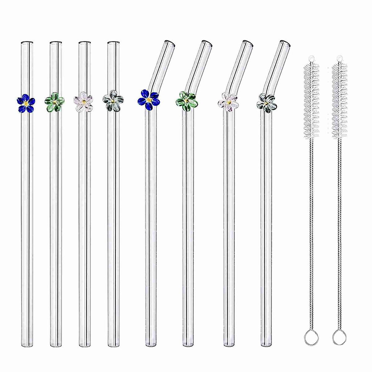 SALIKATE 8 PCS Reusable Glass Drinking Straws, 7.9in X 8mm, Colorful Shatter Resistant Glass Smoothie Straws with Rose Flower,with 2 Cleaning Brushes,for Beverages,Shakes,Juices Transparent S