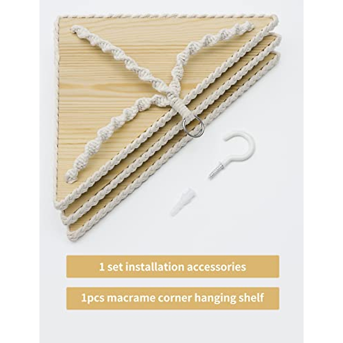 Mazjoaru Macrame Corner Shelves 3 Tier, Boho Handmade Woven White Rope Beige Hanging Floating Shelf Decor Display Storage Organizer for Bedroom Bathroom Office Living Room