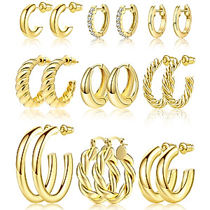 Adoyi Gold Hoop Earrings Set for Women Girls Gold Hoops Twisted Huggie Hoops Earrings 14K Plated Gold Jewelry Set for Women Girl Gift Lightweight 9 Pairs Ear Cuffs Gold Jewelry for Women