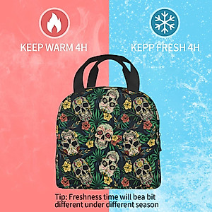 Srucddu Flower Sugar Skull Insulated Lunch Bag Women, Reusable Leakproof Lunch Box for Women, Lunchbox Cooler Bag Lunch Tote for Adults Women