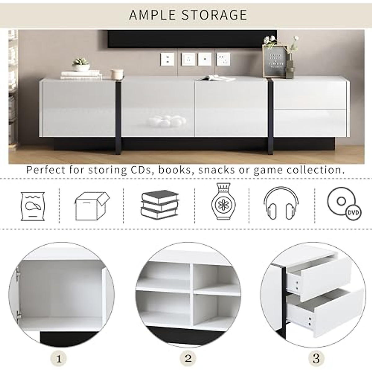 Contemporary High Gloss TV Console Table for Television Up to 80", Wood Entertainment Center with Storage Cabinet and Drawers, TV Cabinet Media Console Cabinet for Living Room Game Room, White