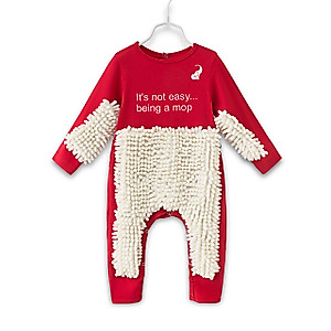 Cute Baby Mop Onesie - Funny and Functional, Perfect as a Long Sleeve Romper for Your Crawling Baby and for Use as an Everyday Baby Jumpsuit. Great as (Red, 9-12 Months)