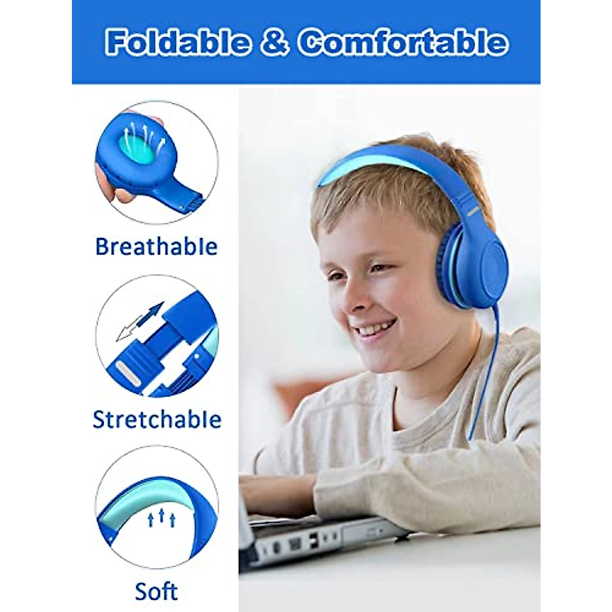 Kids Headphones with Microphone for School, Wired Over Ear Headphones with 85/94dB Safe Volume Limited, Audio Share Port, 3.5mm Jack Foldable Toddler Headphones for Tablet/PC/Phones