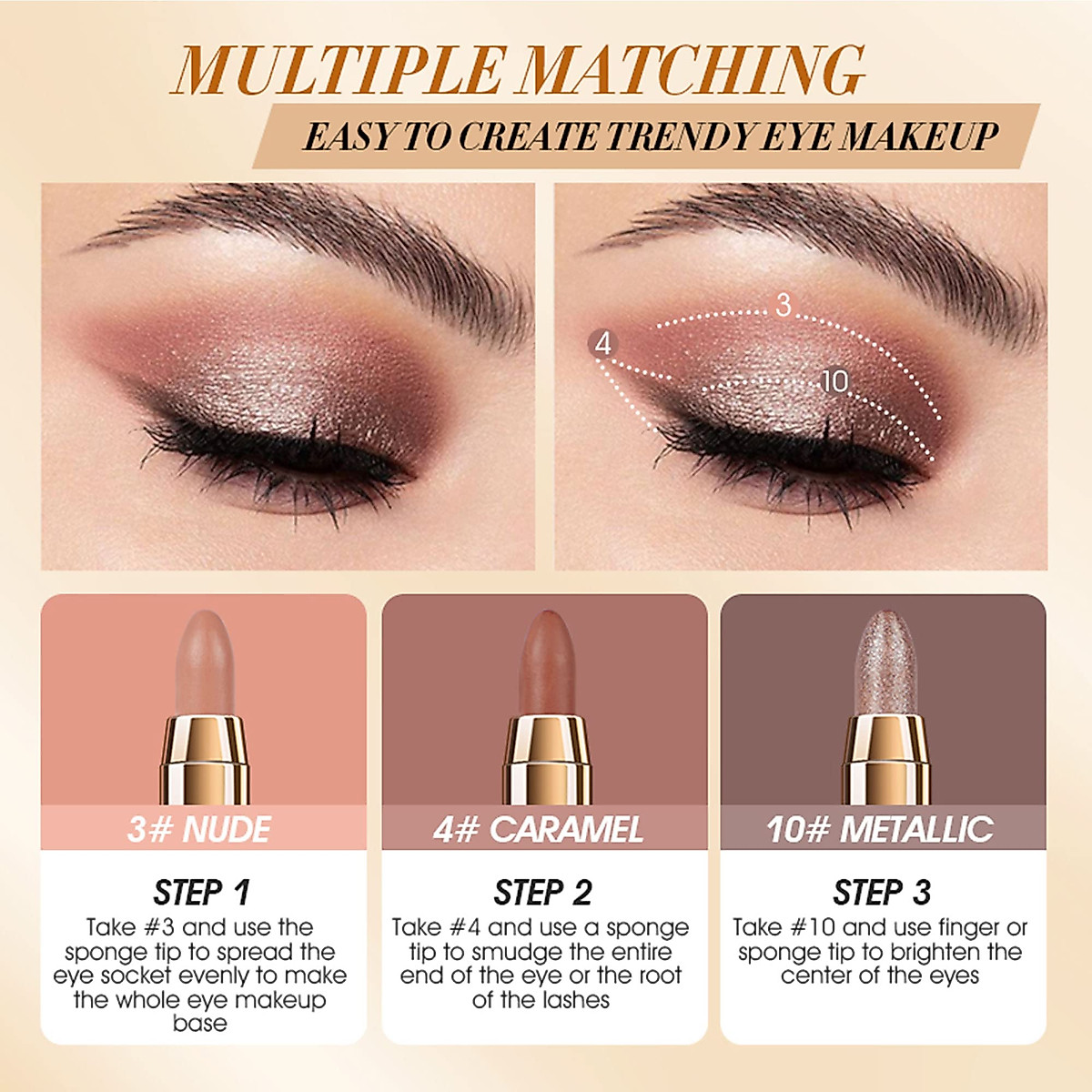 CCbeauty Matte Eyeshadow Stick Set, Cream Eye Shadow Pencil Crayon Eye Brightener Highlighter Makeup Stick Kit, Hypoallergenic Longwear Waterproof Metallic Glitter Eyeliner Makeup, Nude