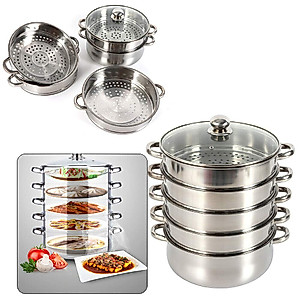Multipurpose Stock Pot and Steamer Pot 5 Tier Pasta Pot Cooker Pot Kitchen Steaming Cookware with Lid for Cooking Vegetables, Seafood,Soups, Stews (17.71'' H)