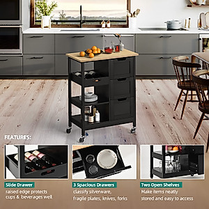 YITAHOME Kitchen Island with Storage, Kitchen Cart for Home, Rolling Serving Utility Trolley Cart on Wheel with 3 Drawers and 3 Storage Shelves, Kitchen Serving Cart for Dining Room, Bar, Black