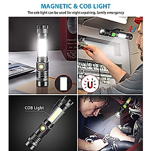 iToncs LED Rechargeable, 1000 Lumens Super Bright Magnetic Flashlight with COB Work Light, Waterproof, 4 Modes, Pocket Tactical Flashlights for Outdoor Camping Emergency 2 Pack No Battery