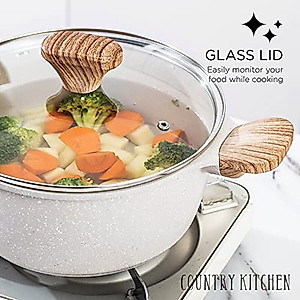 Country Kitchen Nonstick Cookware Sets - 6 Piece Nonstick Cast Aluminum Pots and Pans with BAKELITE Handles - Non-Toxic Pots with Glass Lids - Speckled Cream with Light Wood Handles