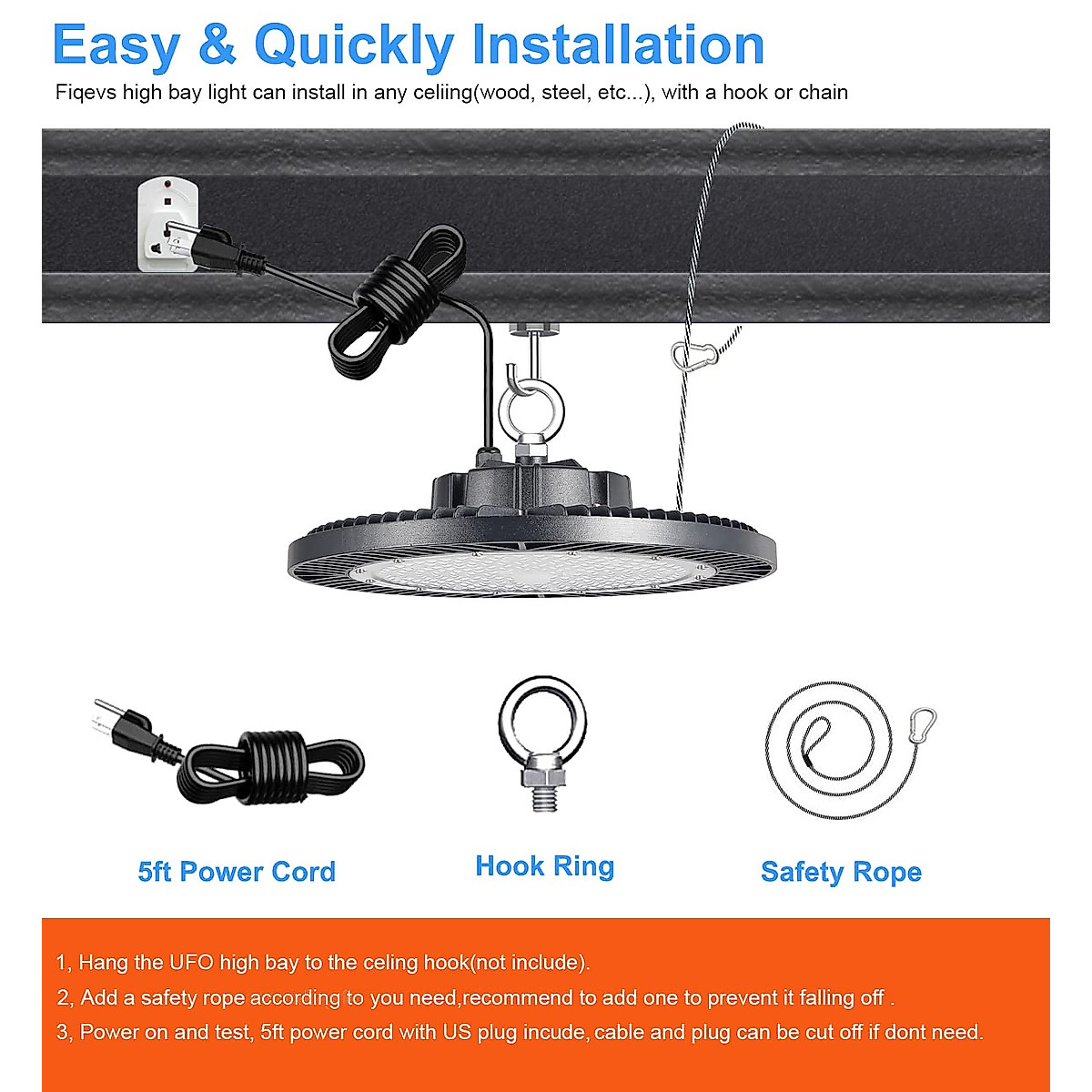 200W LED High Bay Lights, UFO LED High Bay Light, 28,000 LM(Eqv.800W MH/HPS), 5000K Daylight, IP65, 5ft Cable with US Plug, Safe Rope for Garage/Warehouse/Workshop - Pack of 1