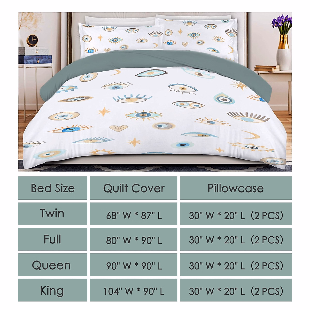 Todeyya Nazar Evil Eye Pattern Duvet Cover (Queen Size 90"x90") with 2 Pillow Shams, Microfiber Lightweight 3pcs Comforter Cover Set Coverlet, with Zipper Closure Bedding All-Season