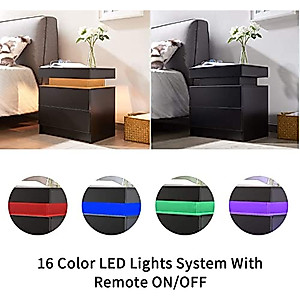 Melon Studio LED Nightstand with Drawers - Stylish Smart Bedside Table with 2 Drawers for Bedroom, Home - Mesa De Noche para Dormitorio - Wooden Nightstand Light RGB with Remote Control - Black