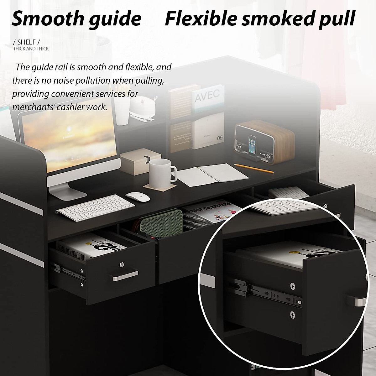 AGOTENI Reception Desk Reception Stations with Open Shelf & Drawers, Wooden Counter Desk with Lockable Drawer for Office Reception Room (Black)