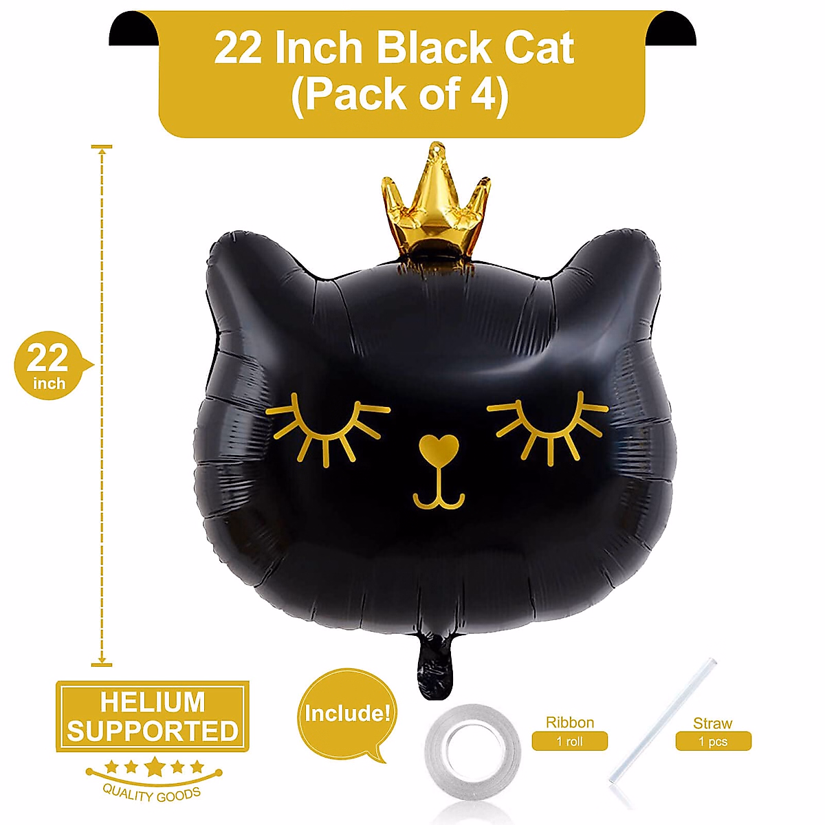 Giant Cat Balloons 22 Inch Adorable Black Crown Kitty White Cat Balloons for Kitten Pet Cat Theme Birthday Party Decorations