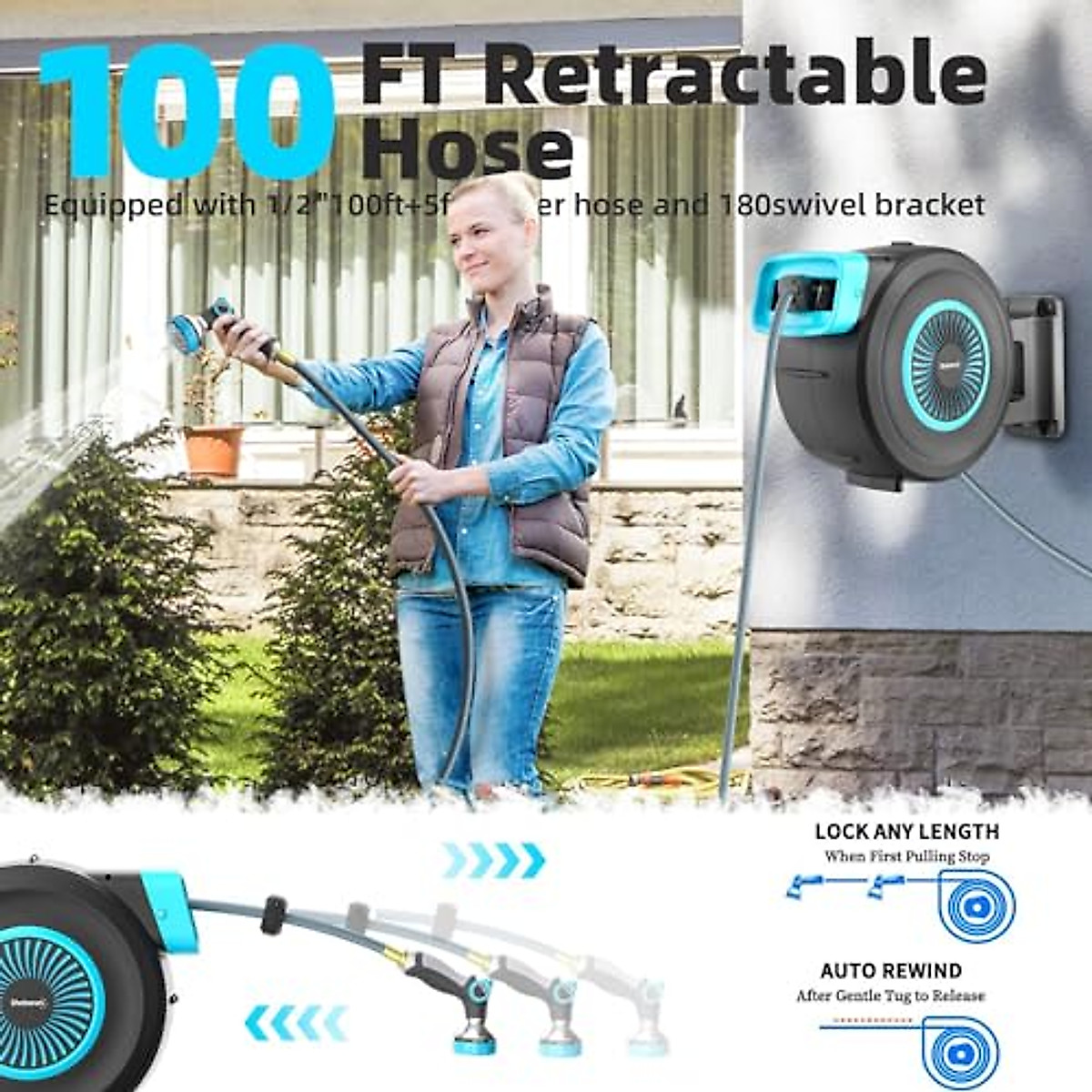 1/2"*100+5ft Garden Hose Reel Sheboren Automatic Retractable Hose Reel with Any Length Lock Wall Mount Watering Hose Reel 180°Swivel Bracket