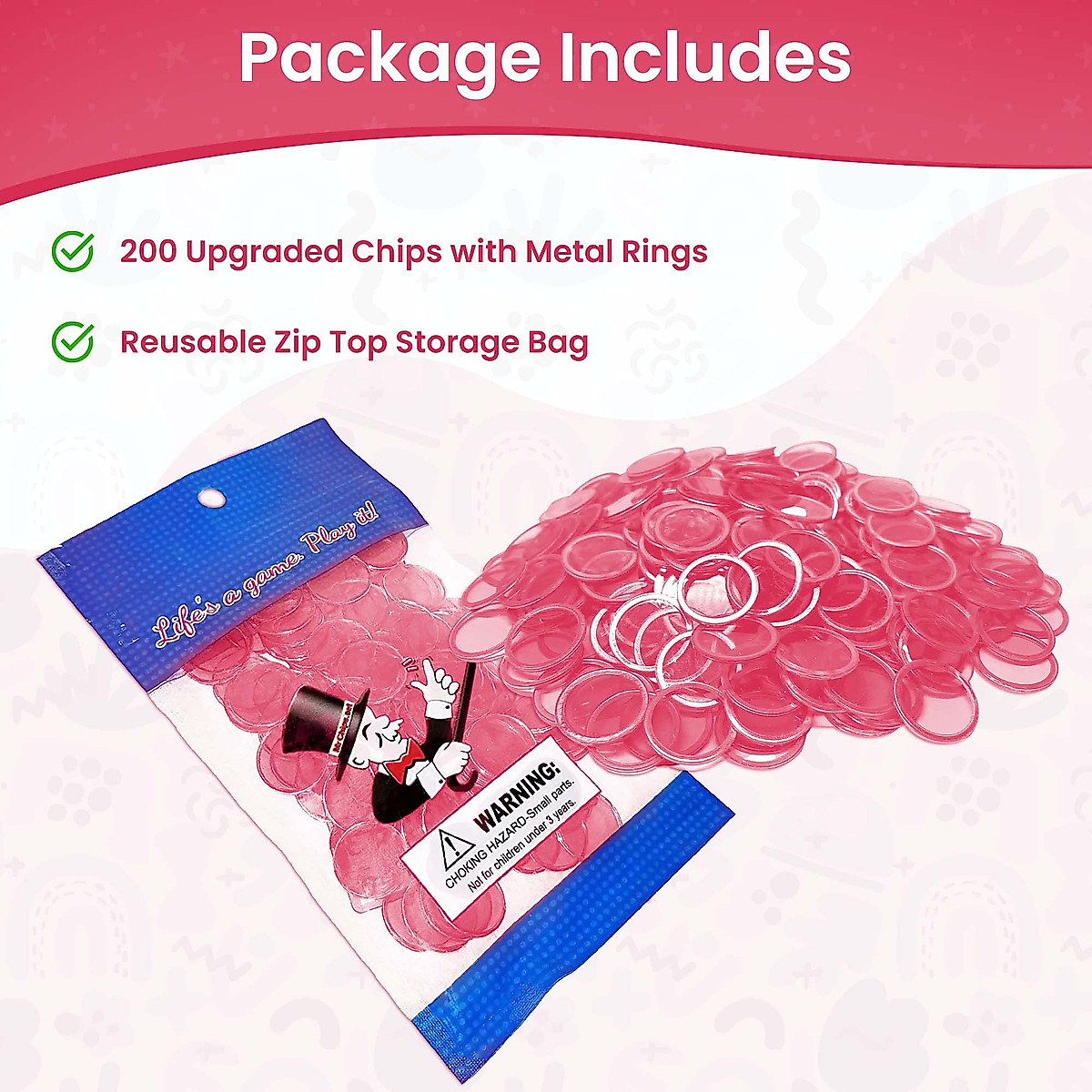 MR CHIPS Magnetic Bingo Chips with Metal Ring 3/4 Inch 200 Upgraded Pieces Pink Transparent - Available in 7 Colors A Reusable Storage Bag