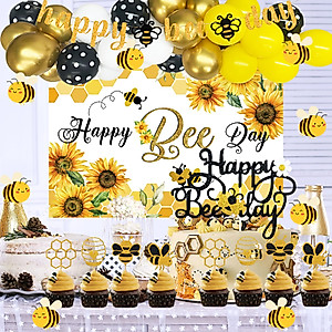158 PCs Bee Party Decorations, Hombae Happy Bee Day Themed Birthday Party Decorations Backdrop Balloon Garland Banner Tablecloth Cake Cupcake Toppers Cutout Honey Bumble Bee Yellow Black