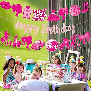 3Pcs Hot Pink Girl Happy Birthday Banners Pink Glitter Hot Pink Princess Birthday Party Decorations for Girls Doll Theme Baby Shower Ladies Bachelorette Party Supplies