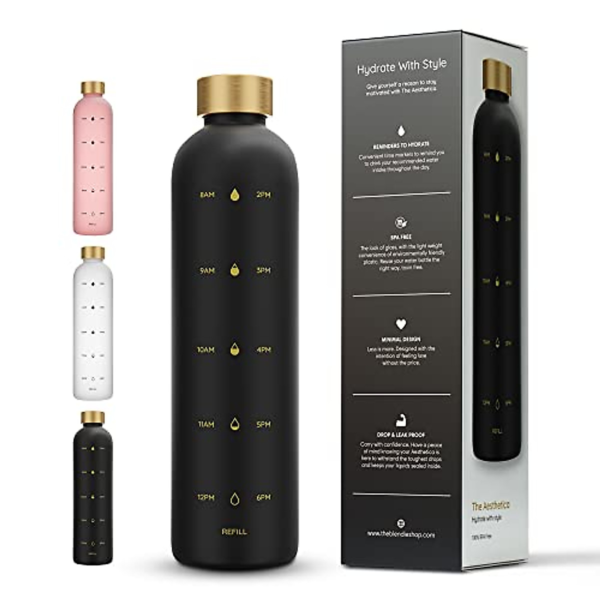 Blendie The Aesthetica Water Bottle with Time Marker - Large 1 Liter / 32 Oz BPA Free,Leakproof and No Sweat - Ensure You Drink Enough Water Daily for Fitness, Gym and Outdoor Activity