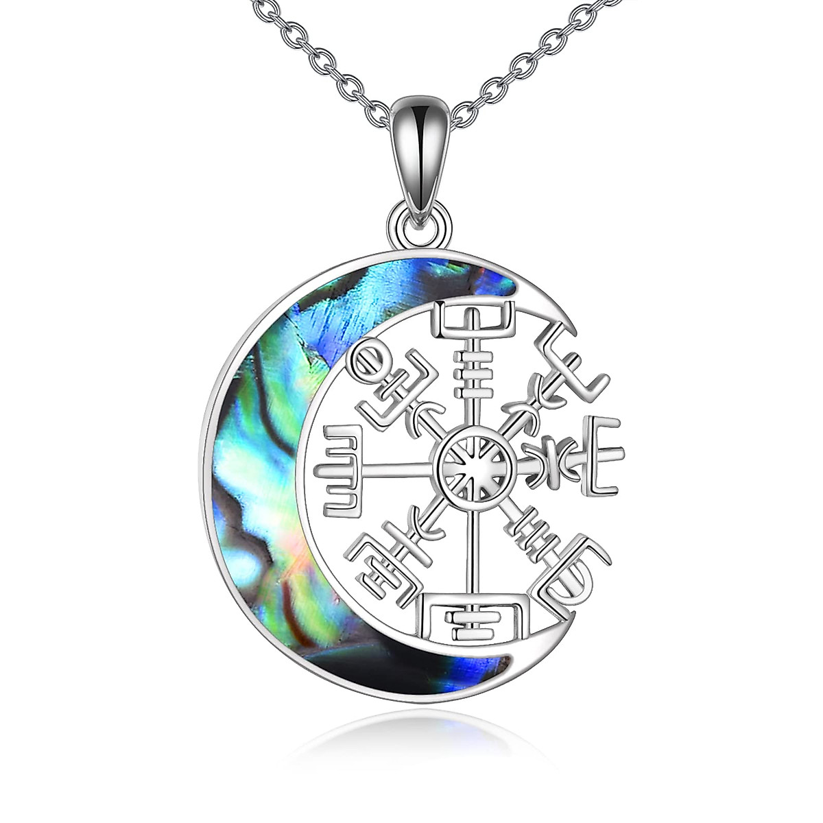 URONE Viking Compass Necklace Sterling Silver Abalone Shell Moon Compass Jewelry for Women Men Norse Vegvisir Pendant Gifts for Nordic Pagan