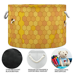 Large Round Storage Basket - Honey Bee Yellow Canvas Laundry Hamper Toy Storage Bin for Kid’s Living Room