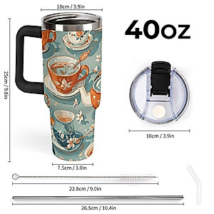 FZQVSGW Teapot And Mug 40 Oz Tumbler with Handle And Straw Stainless Steel Vacuum Insulated Tumblers Reusable Keep Drinks Cold Coffee Cup Holder Friendly Gifts for Women Men Car Gym Travel