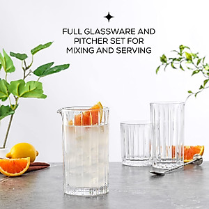 JoyJolt Mixing Glass Pitcher - Alina Ribbed Glassware. 20oz Cocktail Mixing Glass Beaker, Modern Art Deco Cocktail Stirring Glass, Heavy Base Glassware.