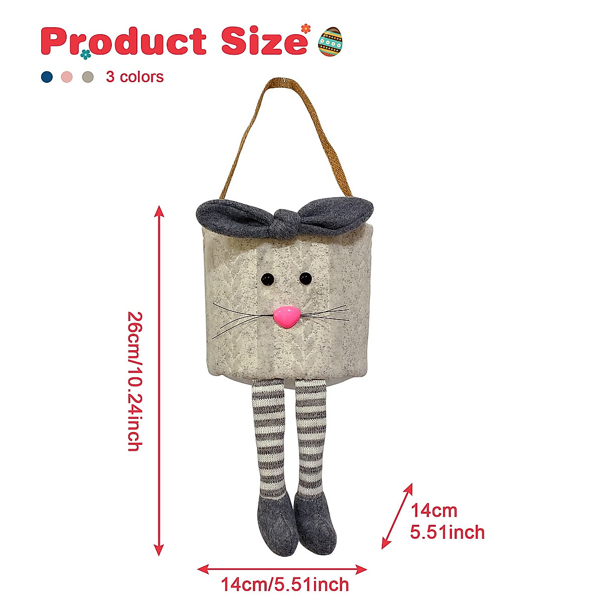 Easter Bunny Basket, Easter Eggs Hunt Bags for Kids Canvas Tote Egg Bags Candy Gifts Rabbit Buckets with Handle for Boys Girls Teens Easter Eggs Hunting Games (Grey)