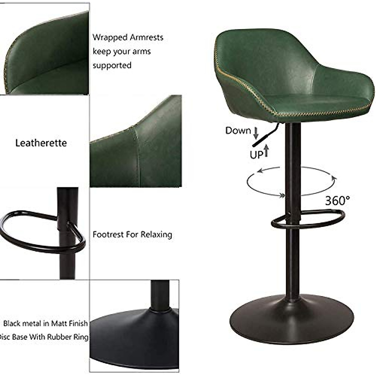 glitzhome Mid-Century Adjustable Hunter Green Bar Stool with Wooden Seat Industrial Rustic Bar Table - Square Pub tabel and Metal Dining Chairs Set of 3