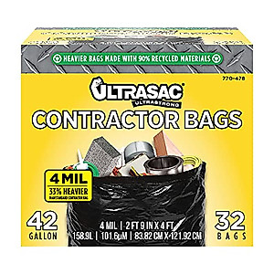 Ultrasac Extra Heavy Duty Contractor Bags - 42 gallons 4 Mil (32 Pack w/Ties) - 33" x 48" Extremely Thick and Tough Professional Trash Bag for Construction, Commerical, Industrial, Yard, Outdoor use