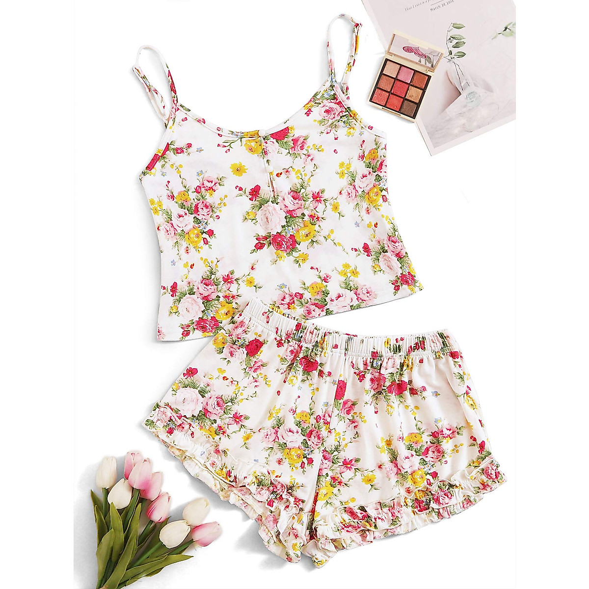 SheIn Women's Pajamas Sets Button Front Tank and Shorts Lounge Set Sleepwear White Floral X-Large