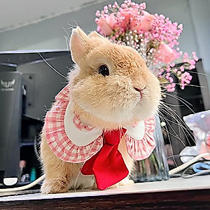 Bunny Rabbit Clothes Collar Plaid Bandana with Tie Decor Adjustable Bibs Scarf with Safety Buckle Formal Suit Style Rabbit Clothes for Bunny Kitten Cats Puppy Chinchilla Guinea Pig (L, Pink)