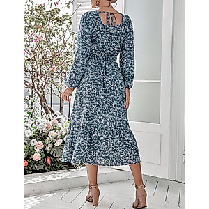 HOTOUCH Ladies Dresses Boho Long Sleeve Square Neck Gorgeous Leopard Print Ruffle Tiered Maxi Dress Tie Back Flowy Long Dress Blue M