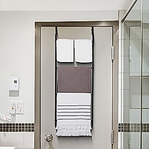 MyGift Over-The-Door Towel Rack, Matte Black Metal Ladder Bathroom Towel Hanging Storage Holder, 4-Rungs