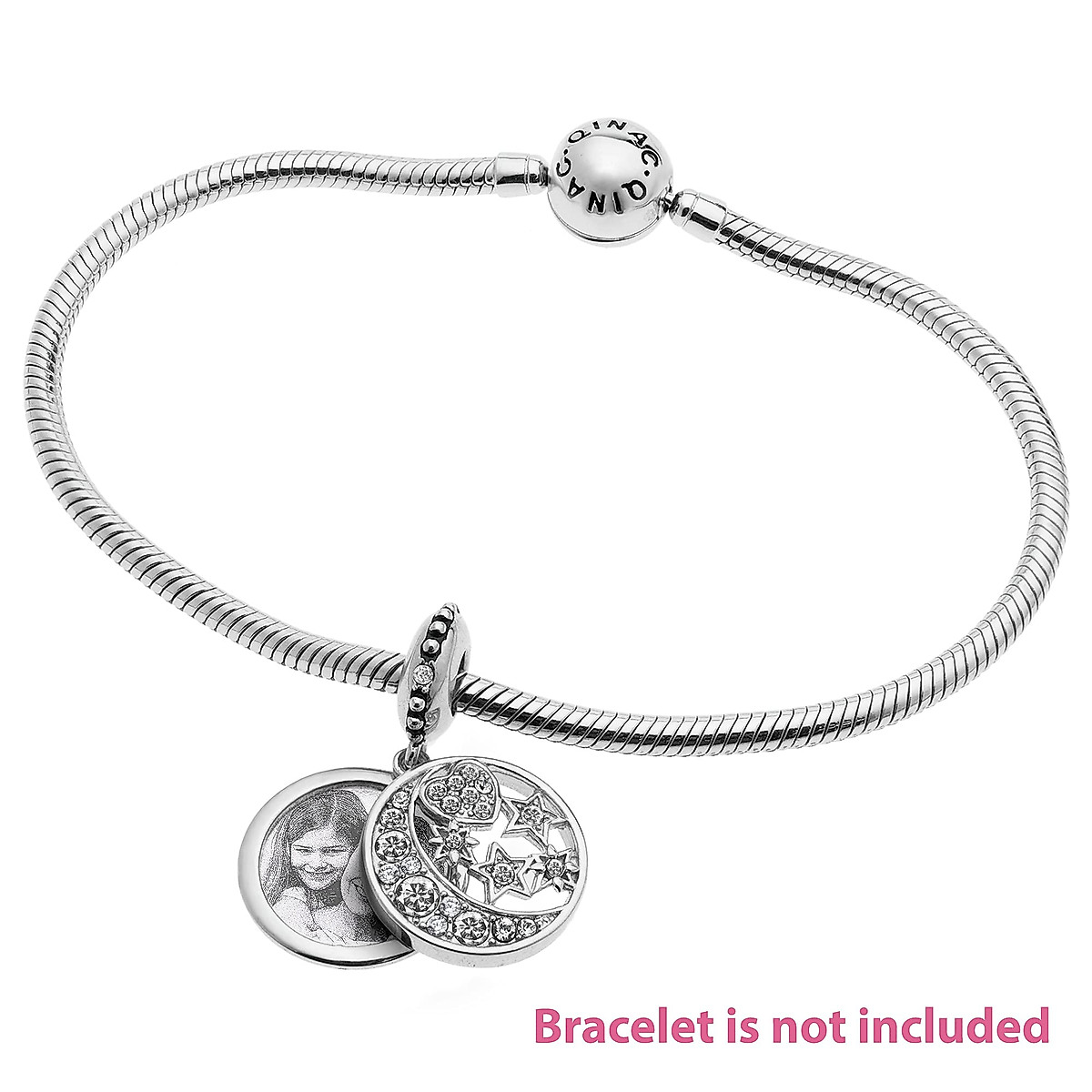 Qina C Sterling Silver Personalized Text & Photo Engraved Message Moon Star Crystal Dangle Bead F/European Charm Bracelet Gift f/Family Friend Wife Daughter